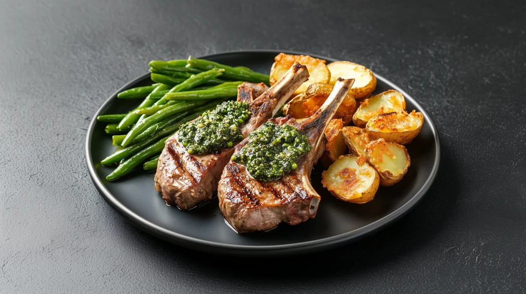Agneau au pesto de rucco, haricots verts et pommes de terre sautées