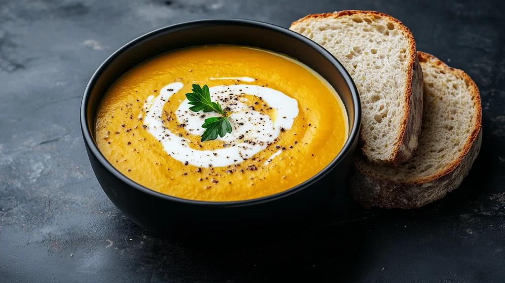 Zuppa di zucca con zenzero e pane integrale